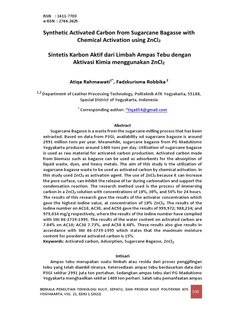 Sintetis Karbon Aktif Dari Limbah Ampas Tebu Dengan Aktivasi Kimia Menggunakan ZnCl2 | PDF