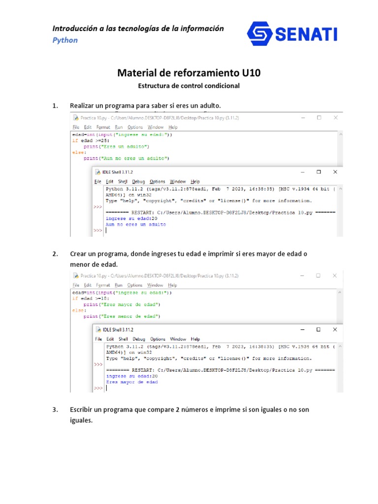 Ejemplos de programas con estructuras condicionales en Python | PDF