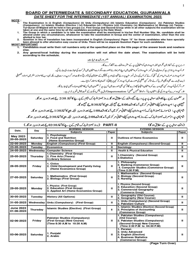 Date Sheet Inter 1ST Annual 2023 (For PRNT) PDF | PDF