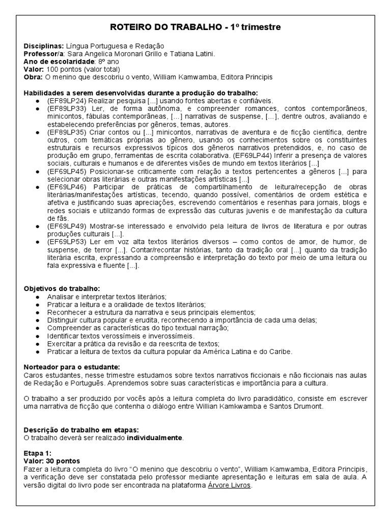 8º Ano - ROTEIRO DO TRABALHO - 1º Trimestre Rascunho | PDF