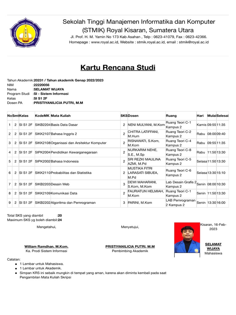Kartu Rencana Studi STMIK Royal Kisaran | PDF