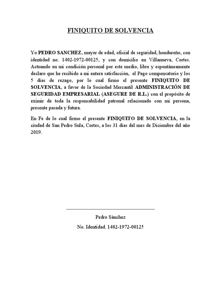 Finiquito de Solvencia Pedro Sanchez | PDF