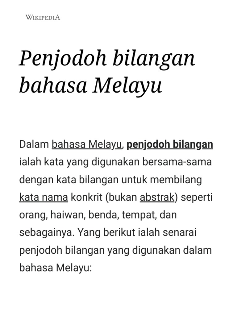Penjodoh Bilangan Bahasa Melayu - Wikipedia Bahasa Melayu, Ensiklopedia Bebas PDF | PDF