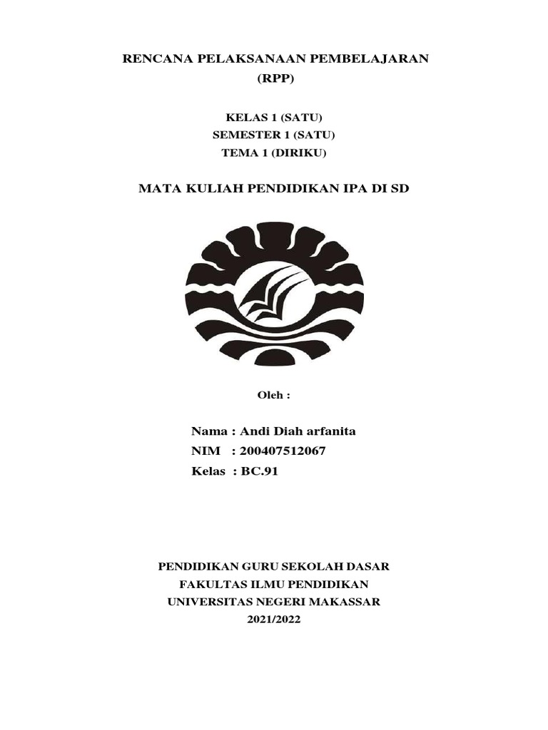 RPP IPA Kelas 1 Tema Diriku | PDF