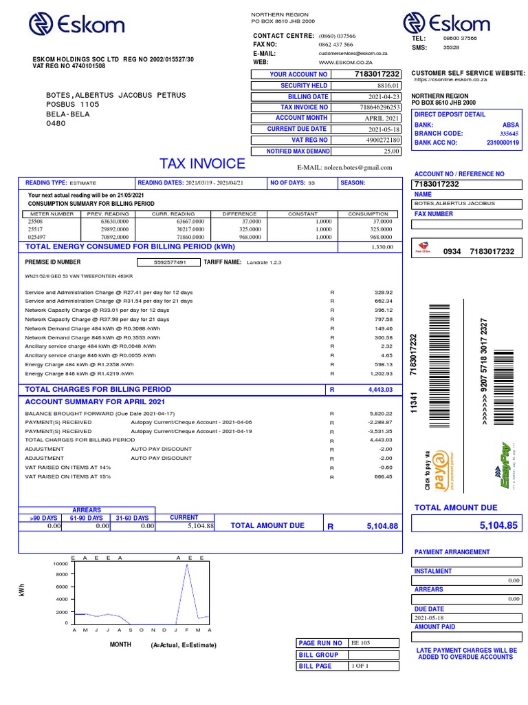 Eskom April 2021 Electricity Invoice | PDF