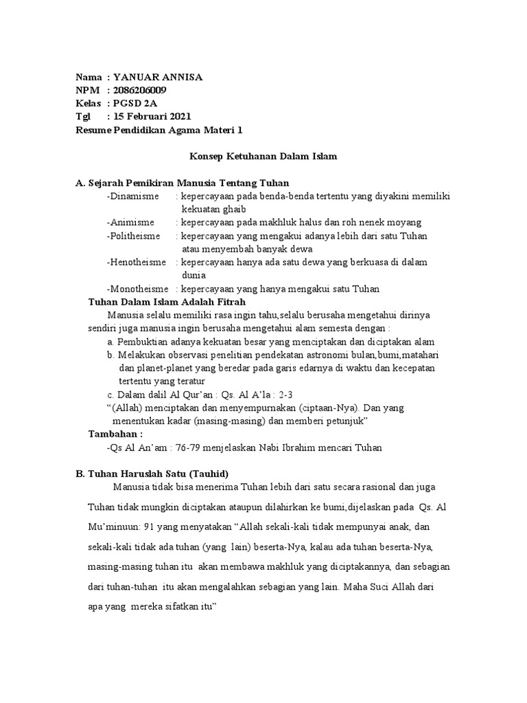 Resume Agama Materi Konsep Ketuhanan Dalam Islam - 15 Feb 2021 | PDF