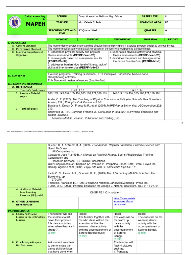PE 8 DLL 4th QTR WEEK 1 PDF | PDF