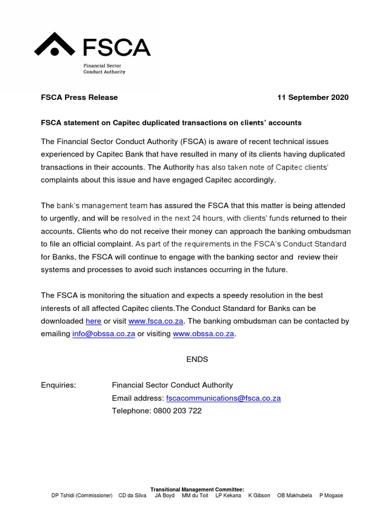 FSCA Press Release FSCA Statement On Capitec Bank Duplicated ...