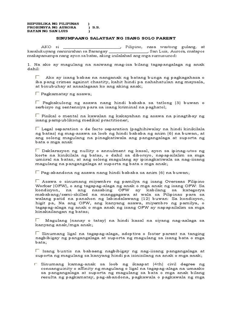 Sinumpaaang Salaysay Solo Parent (Expanded Solo Parents Act) | PDF