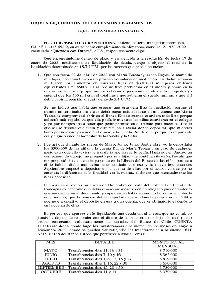 Objeta Liquidacion Deuda Pension de Alimentos | PDF