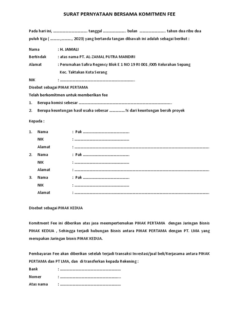 Surat Pernyataan Komitmen Fee Pak Jhonny | PDF