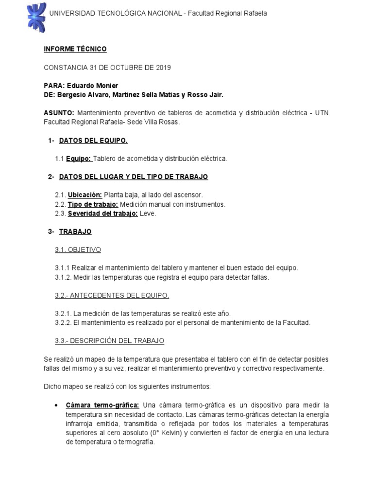 Informe Termografia Tableros 3 Utn 2019 | PDF | Temperatura | Termografía