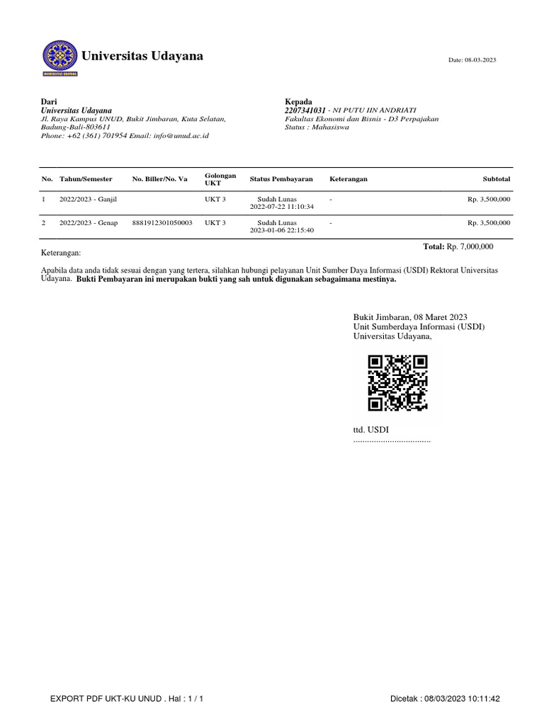 Bukti Pembayaran UKT Mahasiswa | PDF