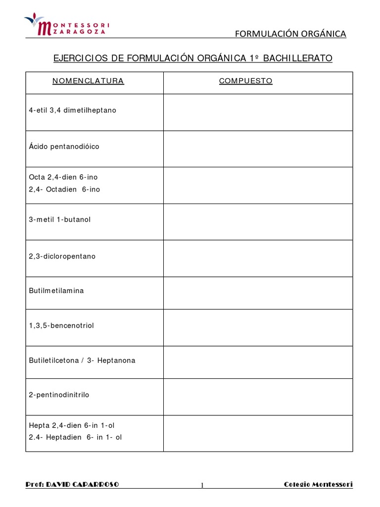 Ejercicios de Formulación Orgánica 1º Bachillerato | PDF