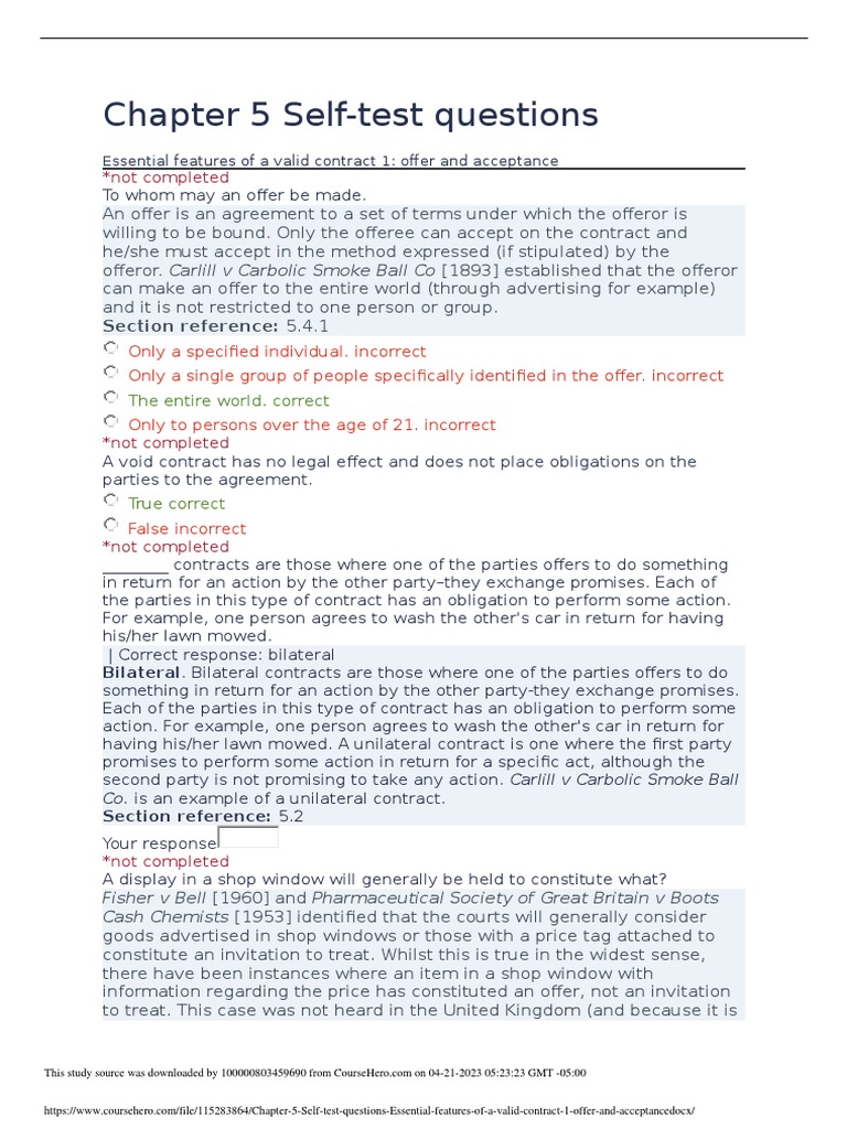 Chapter 5 Self Test Questions Essential Features of A Valid Contract 1 ...