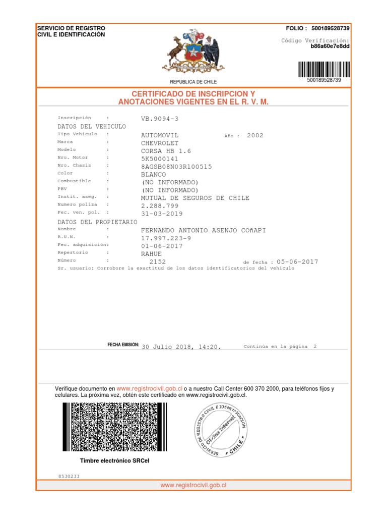 Certificado de Inscripción Vehicular Chile | PDF