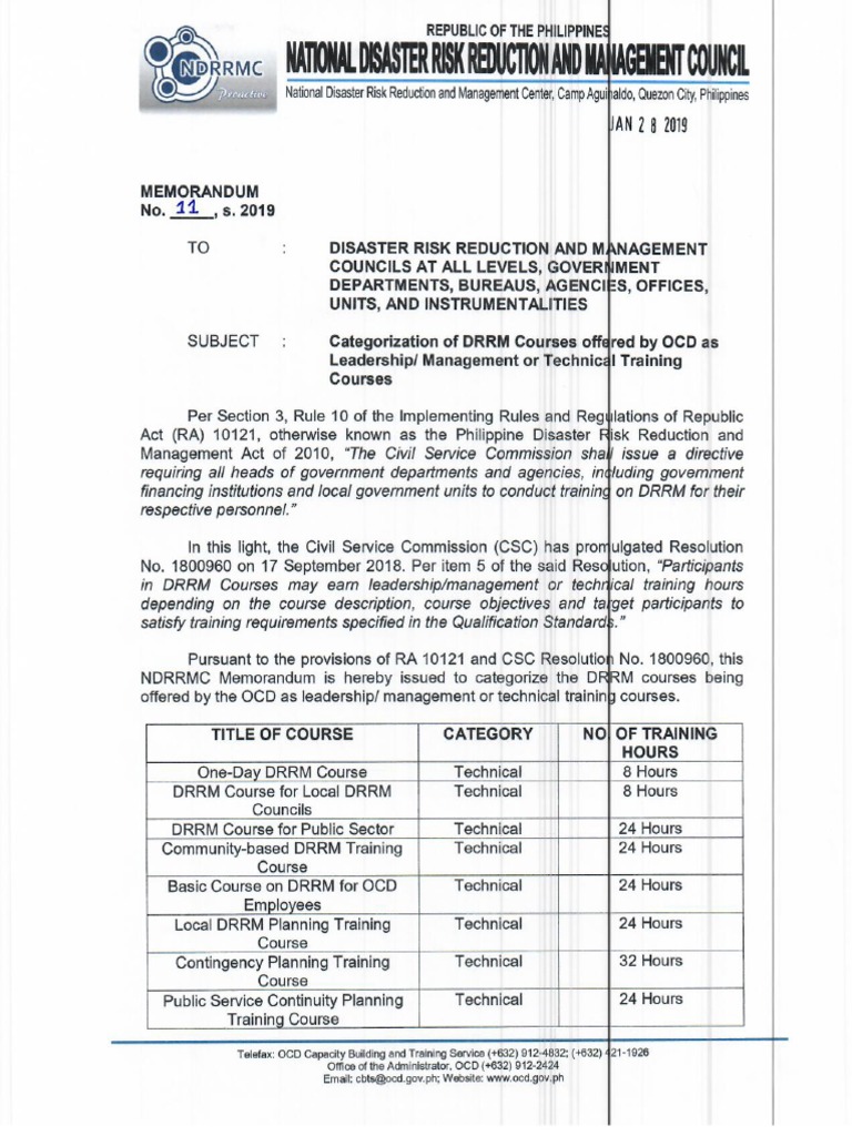 NDRRMC Memo No 11 S 2019 Categorization of Technical and Leadership DRRM Courses | PDF