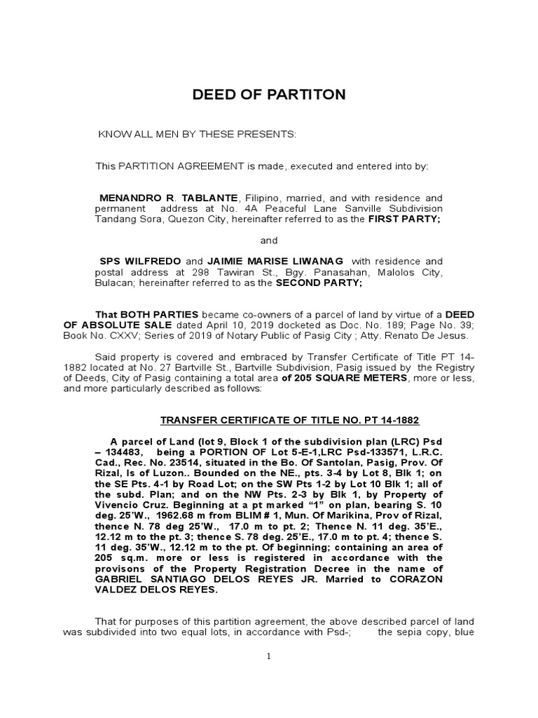 Partition Agreement June 13, 2019 - Edit | PDF | Civil Law (Legal ...