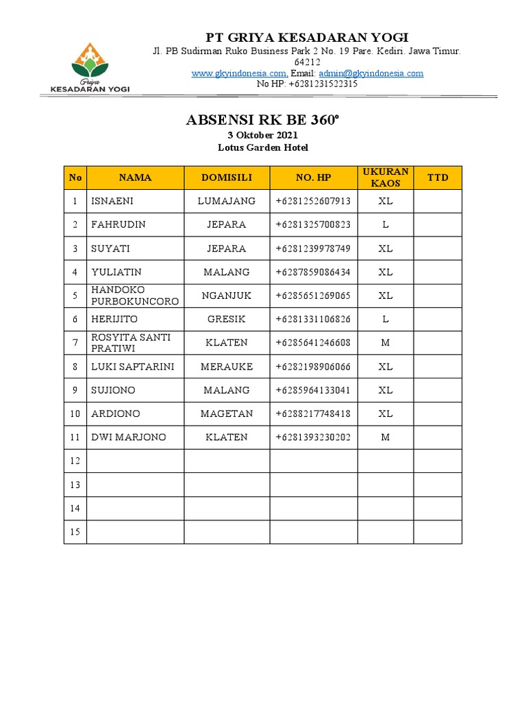 Absensi Pelatihan RK Okt Lotus | PDF