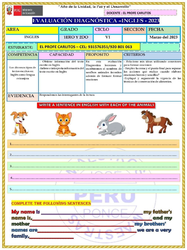 Evaluacion Diagnostica - 1ero y 2do Grado-Ingles - 00001 | PDF