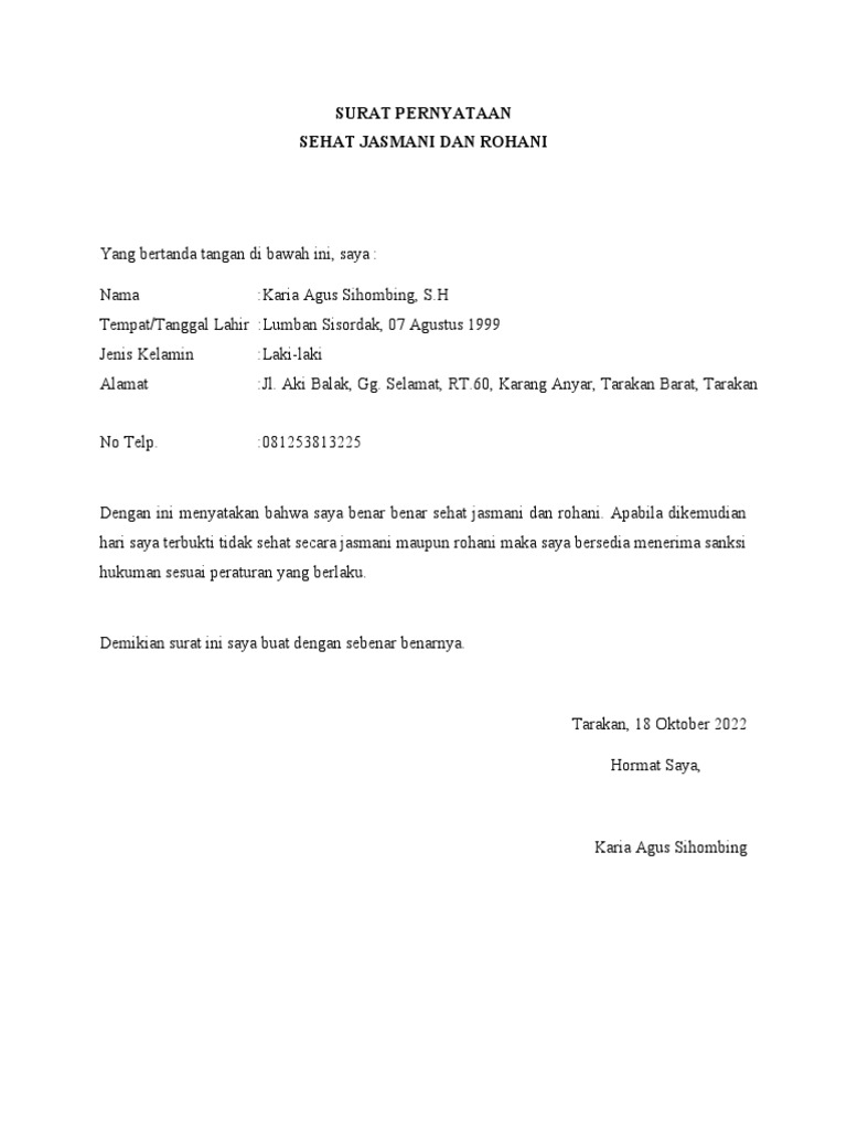 SURAT PERNYATAAN sehat.docx | PDF