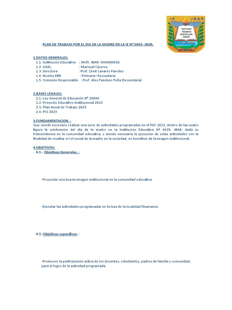Plan de Trabajo Por El Dia de La Madre en La Ie #0013 Maximino Cerezo ...