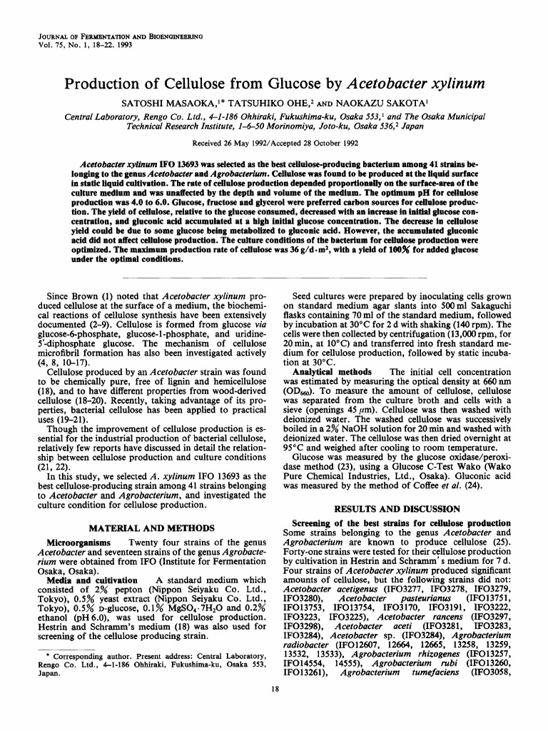 Production of Cellulose From Glucose by Acetobacter Xylinum PDF | PDF