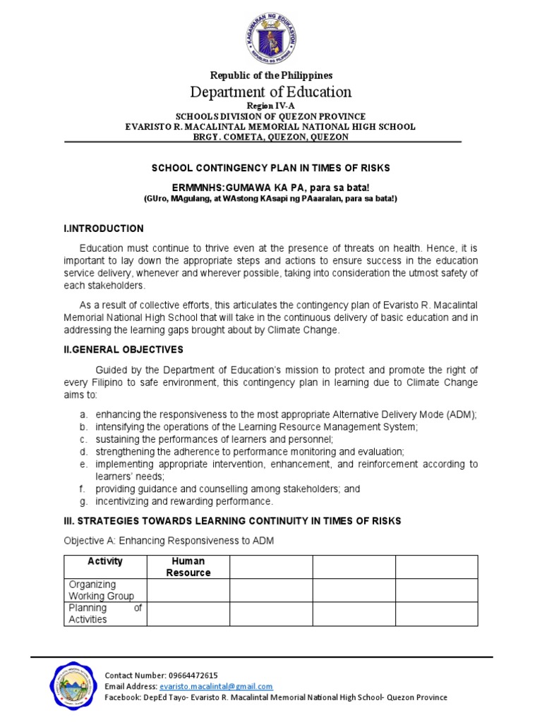 SCHOOL CONTIGENCY PLAN IN TIME OF RISKS.docx | PDF