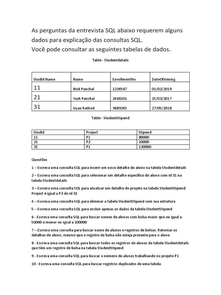 simulação entrevista SQL | PDF | SQL | Tabela (banco de dados)
