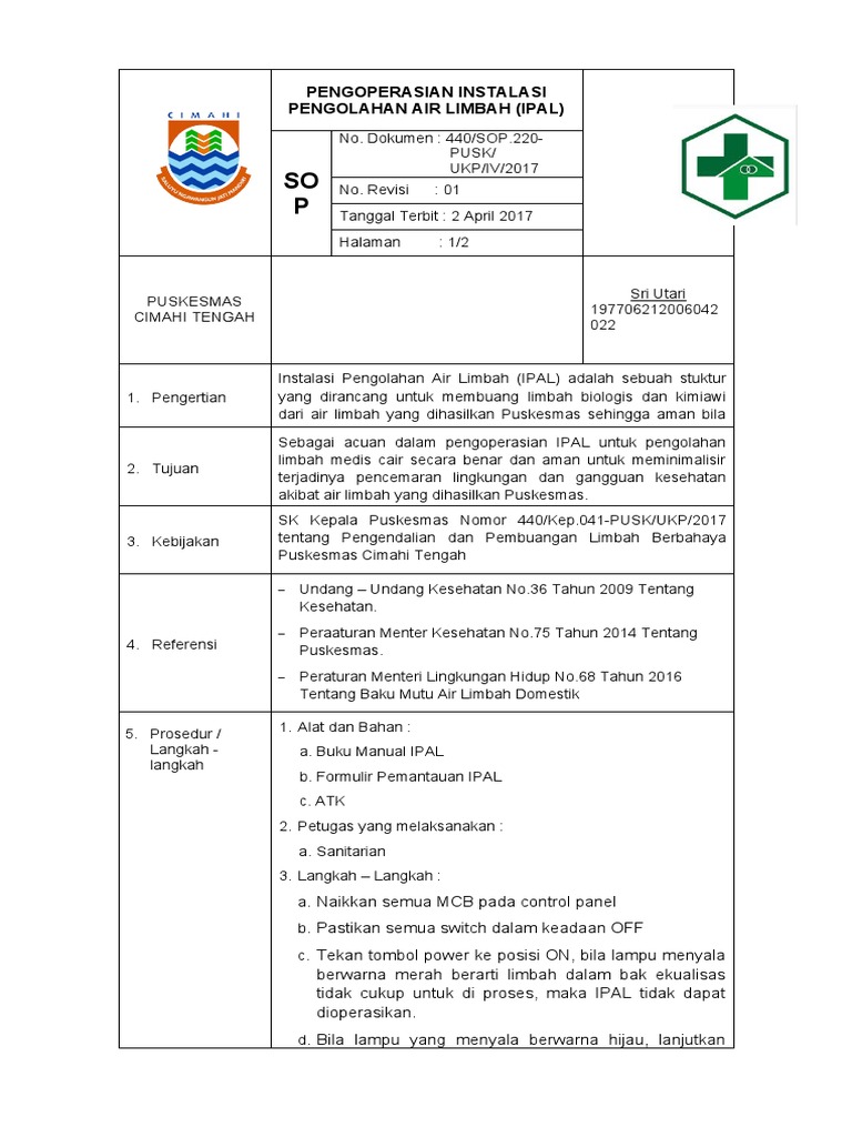 220-15. SOP PENGOPERASIAN IPAL.docx | PDF