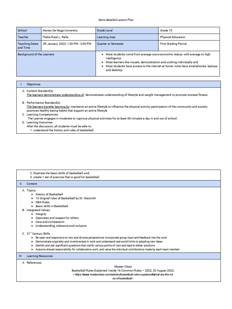 Semi-Detailed Lesson Plan about Basketball Sir JP (1).docx | PDF