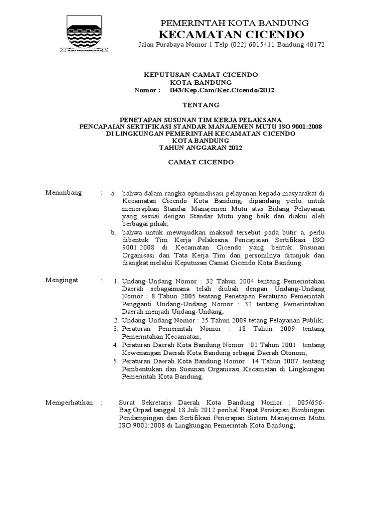 SK Tim Iso 9001-2008 Kecamatan Cicendo | PDF