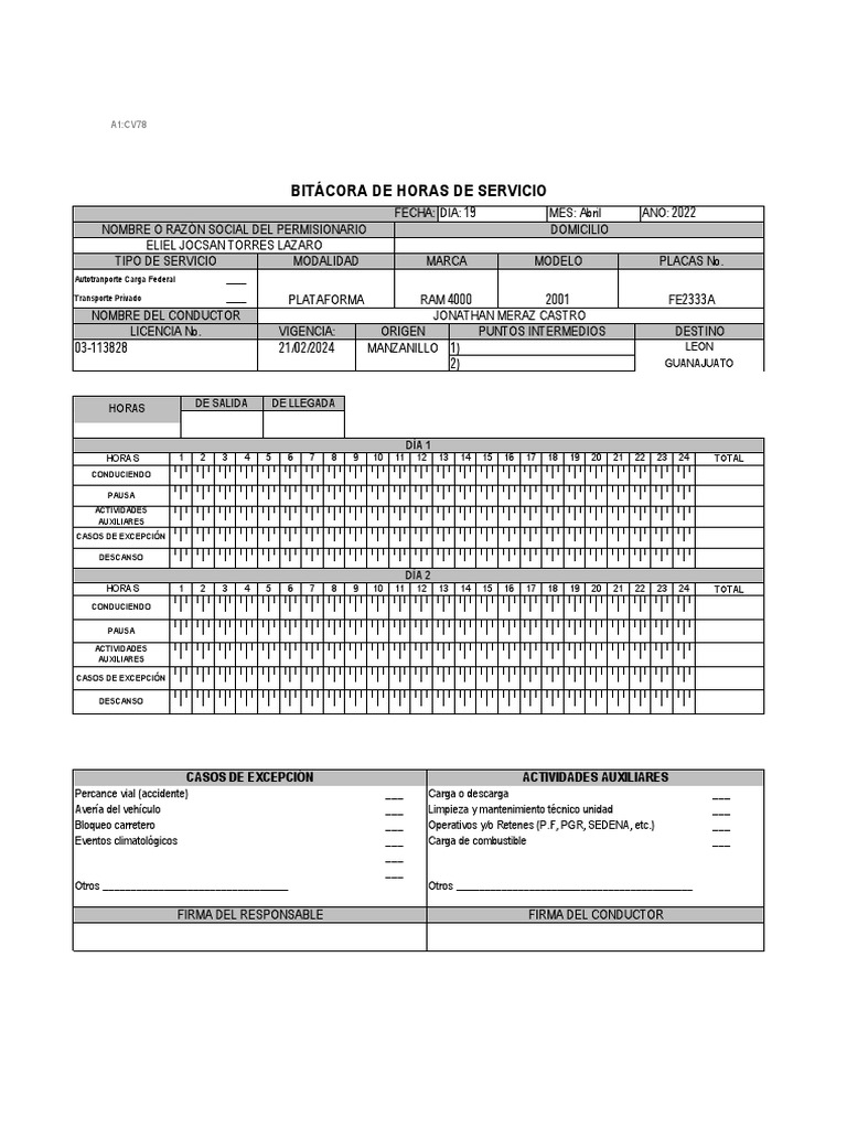 Bitácora de Horas de Servicio | PDF | Transporte