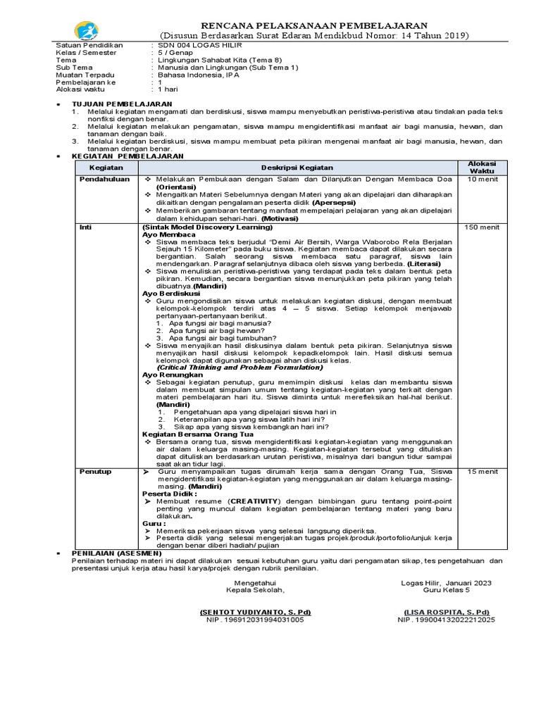 RPP 1 Lembar Kelas 5 Tema 8 | PDF
