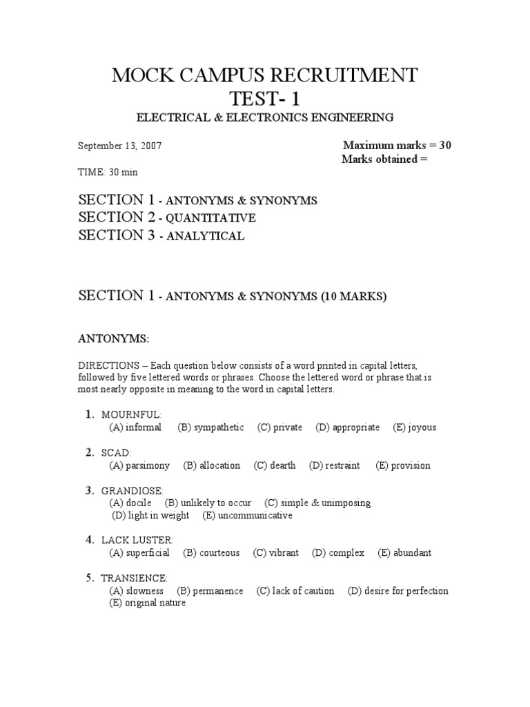 Mock Campus Recruitment Test-1: Section 1 Section 2 Section 3 | PDF
