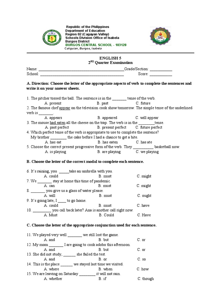 5 English Exam 2nd Quarter | PDF