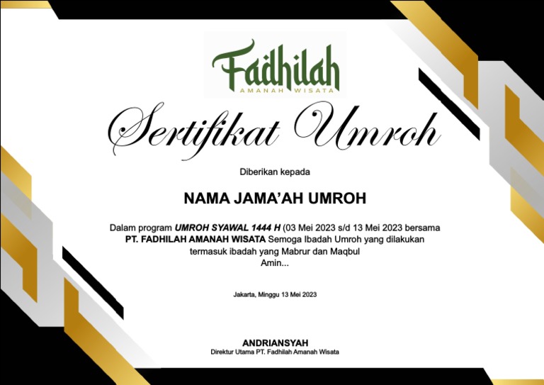 SERTIFIKAT UMROH JAMAAH FADHILAH AMANAH WISATA Fix PDF | PDF