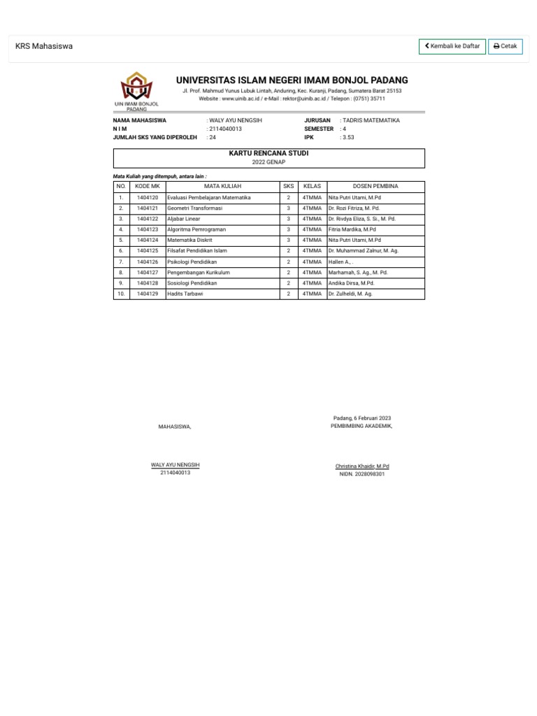 KRS Mahasiswa PDF | PDF