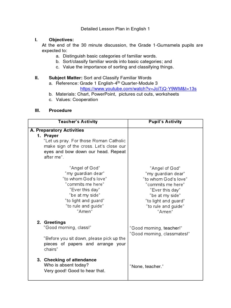 Grade 1 English Lesson Plan: Sorting Words | PDF