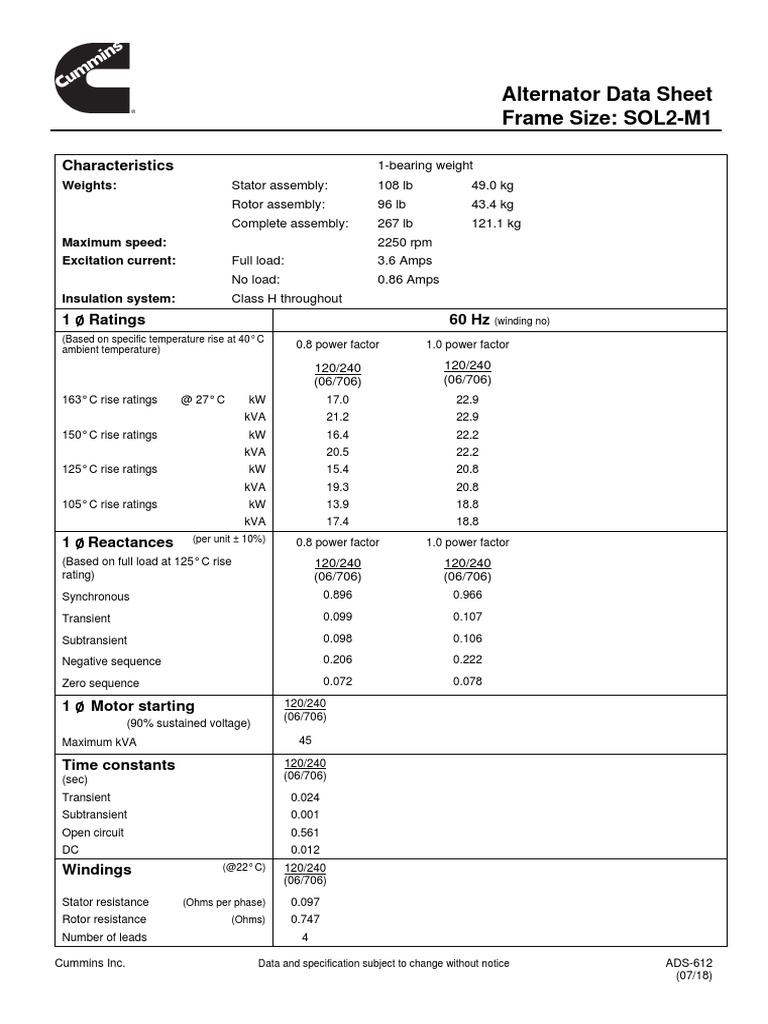 Alternator Data Sheet S0L2-M1 PDF | PDF