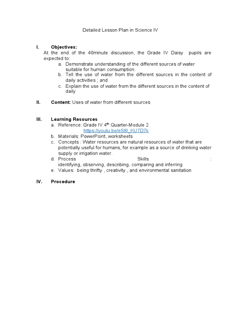 Grade IV Science Lesson on Water Sources | PDF | Water | Lesson Plan