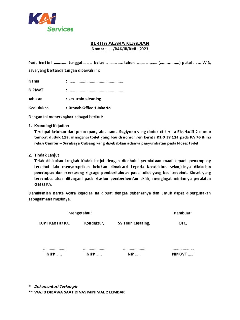 Contoh Berita Acara Kejadian Kereta | PDF
