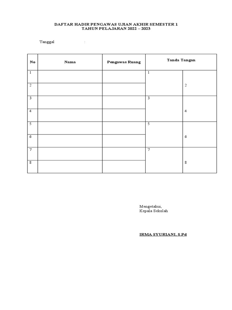 Daftar Hadir Pengawas Ujian Akhir Semester 1 | PDF