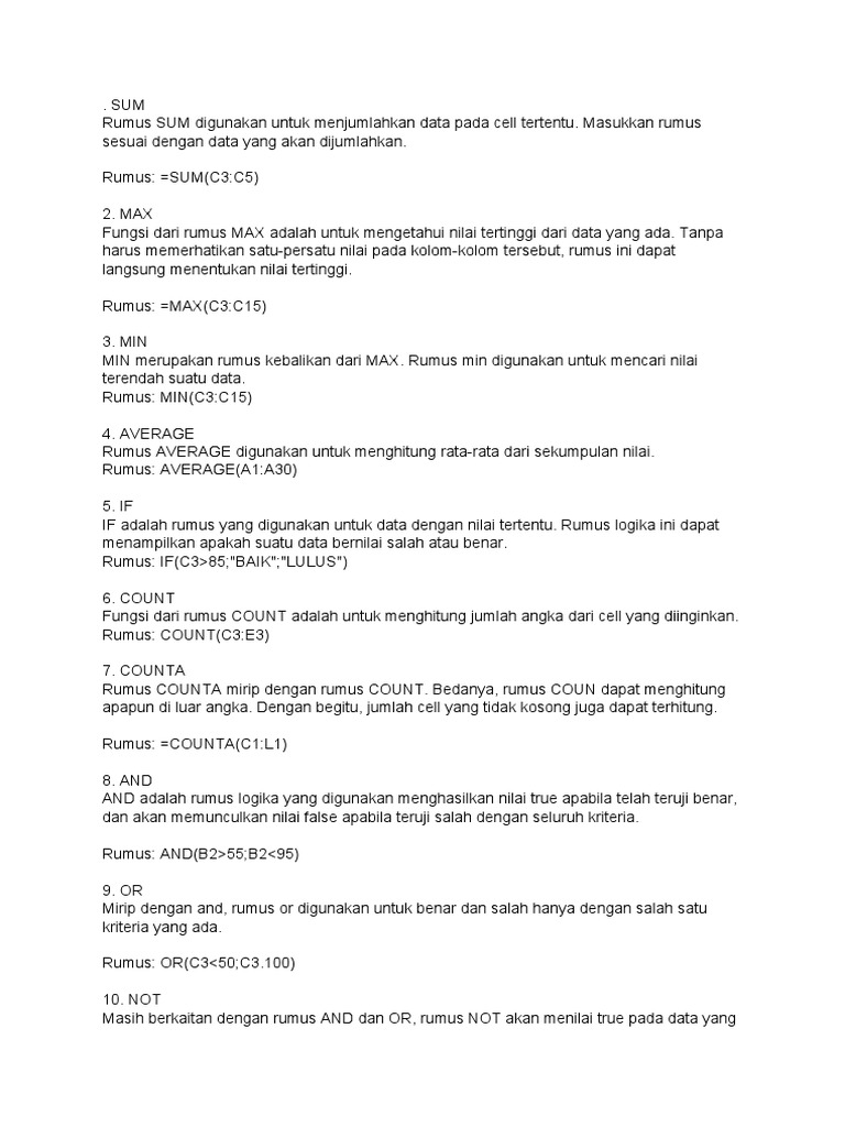 15 Rumus Excel Penting untuk Pemula | PDF