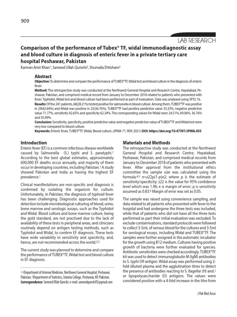 Comparison of The Performance of Tubex® TF, Widal Immunodiagnostic ...