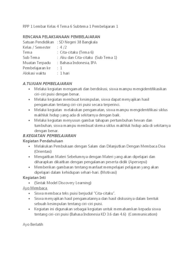 RPP 1 Lembar Kelas 4 Sem 2 | PDF