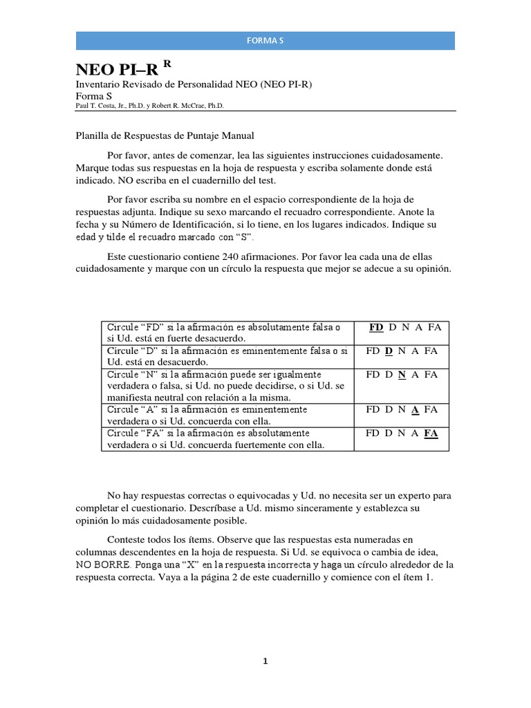 NEO PI-R Cuadernillo | PDF | Conceptos psicologicos