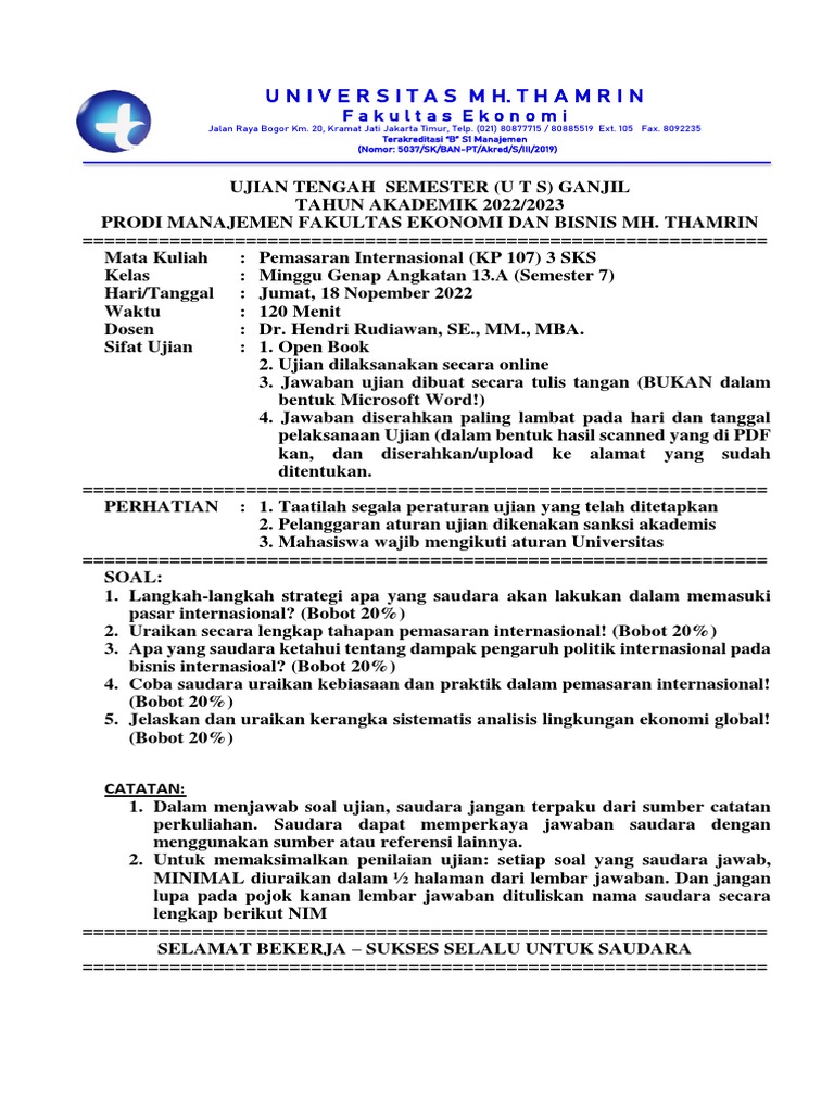 SOAL UTS Pemasaran Internasional UMHT 07nop 2022 PDF | PDF