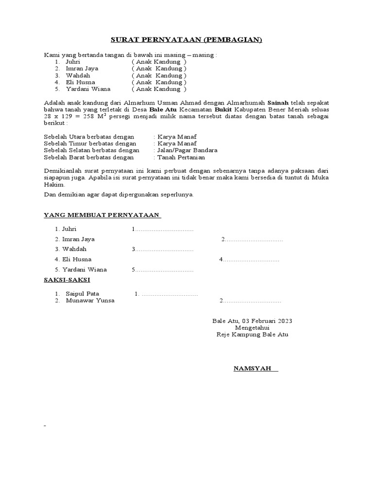 Surat Pernyataan Pembagian | PDF Surat Pernyataan Pembagian | PDF