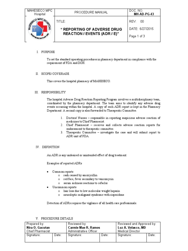 MH-AD-PG-43-Reporting of Adverse Drug Reaction Events (ADR E) | PDF